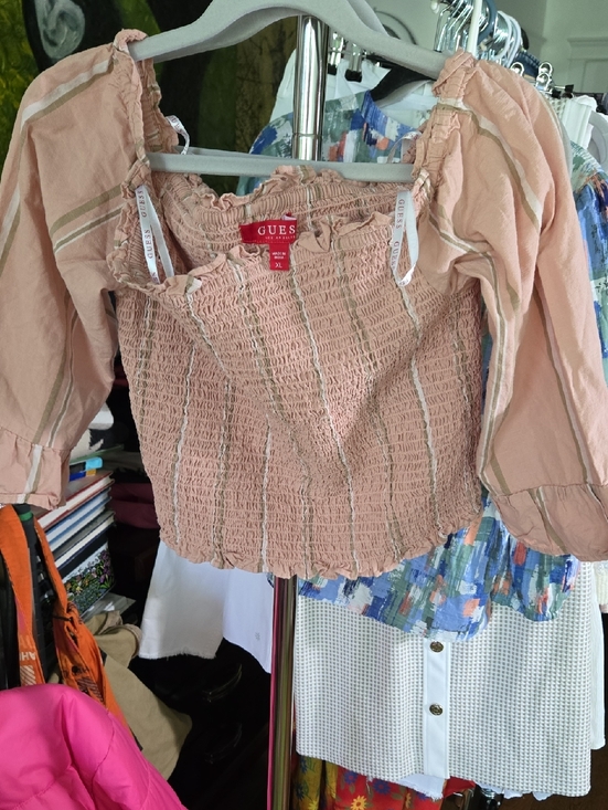 Guess | Tops | Guess Pink Peach Smocked Offshoulder Crop Top 25 P 23 L ...